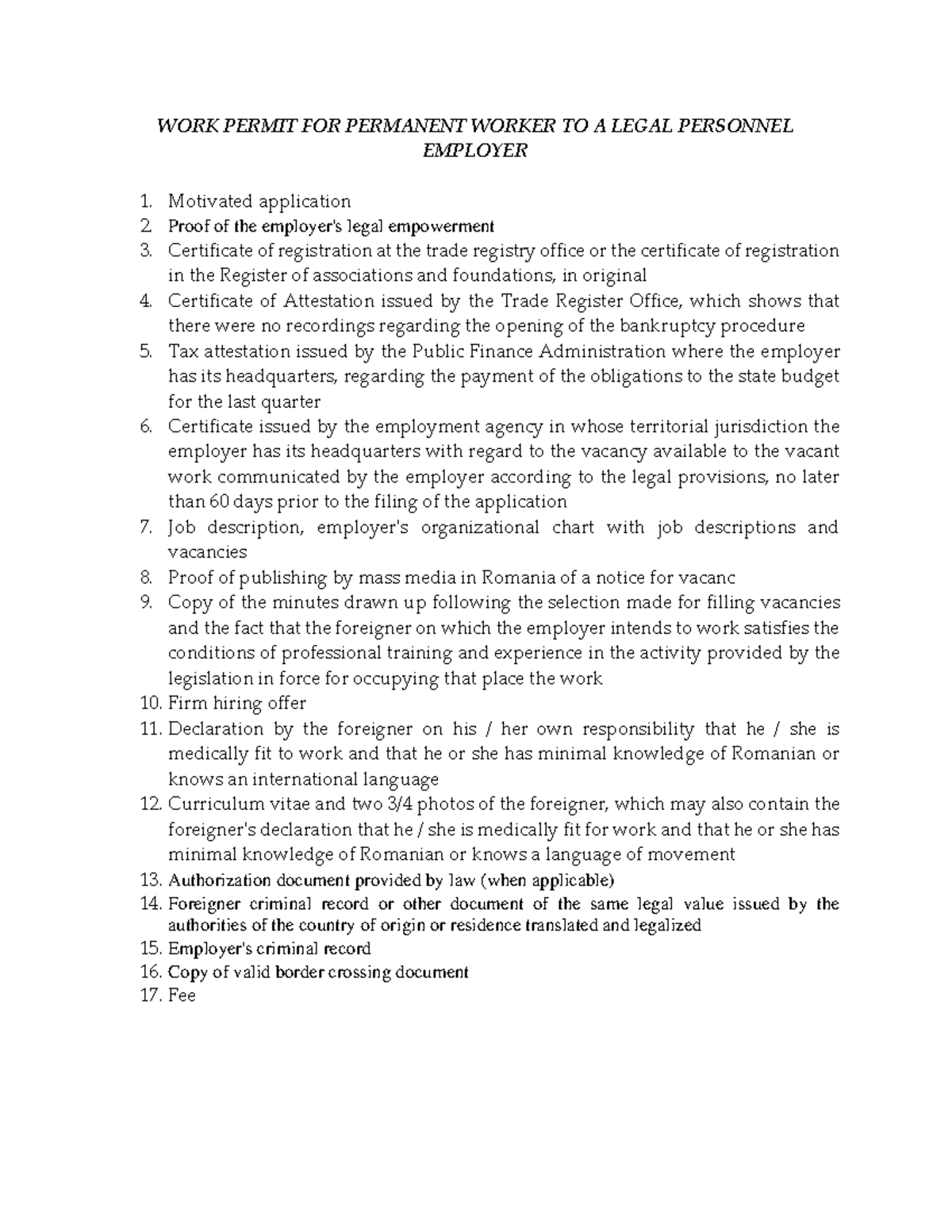 Documente necesare obtinere aviz de angajare pentru lucrator permanent ...