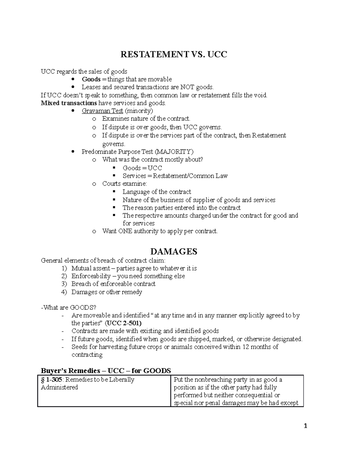 Contracts Outline NH - jdytjdty - RESTATEMENT VS. UCC UCC regards the ...