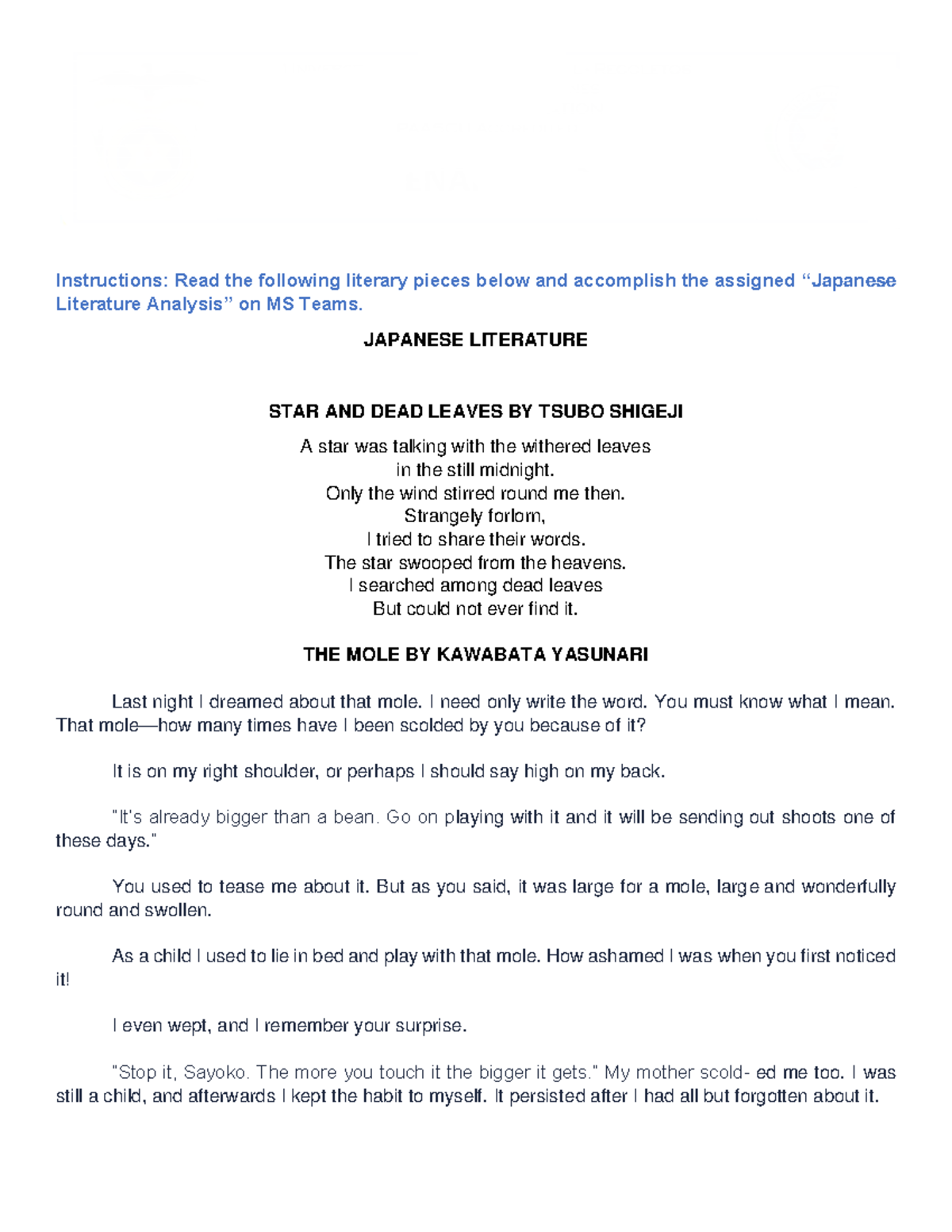 Japanese Literary Pieces - Instructions: Read the following literary ...