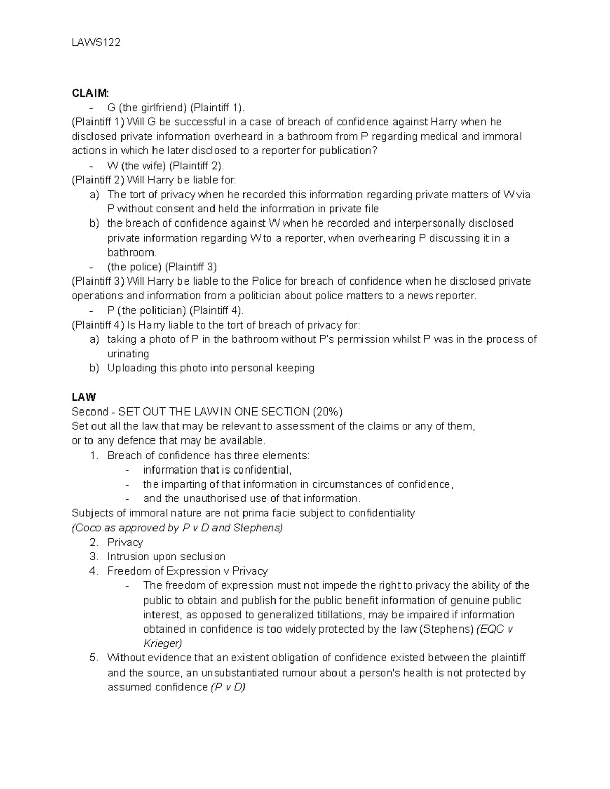 LAWS122 Final Exam - Lecture notes - LAWS CLAIM: G (the girlfriend ...