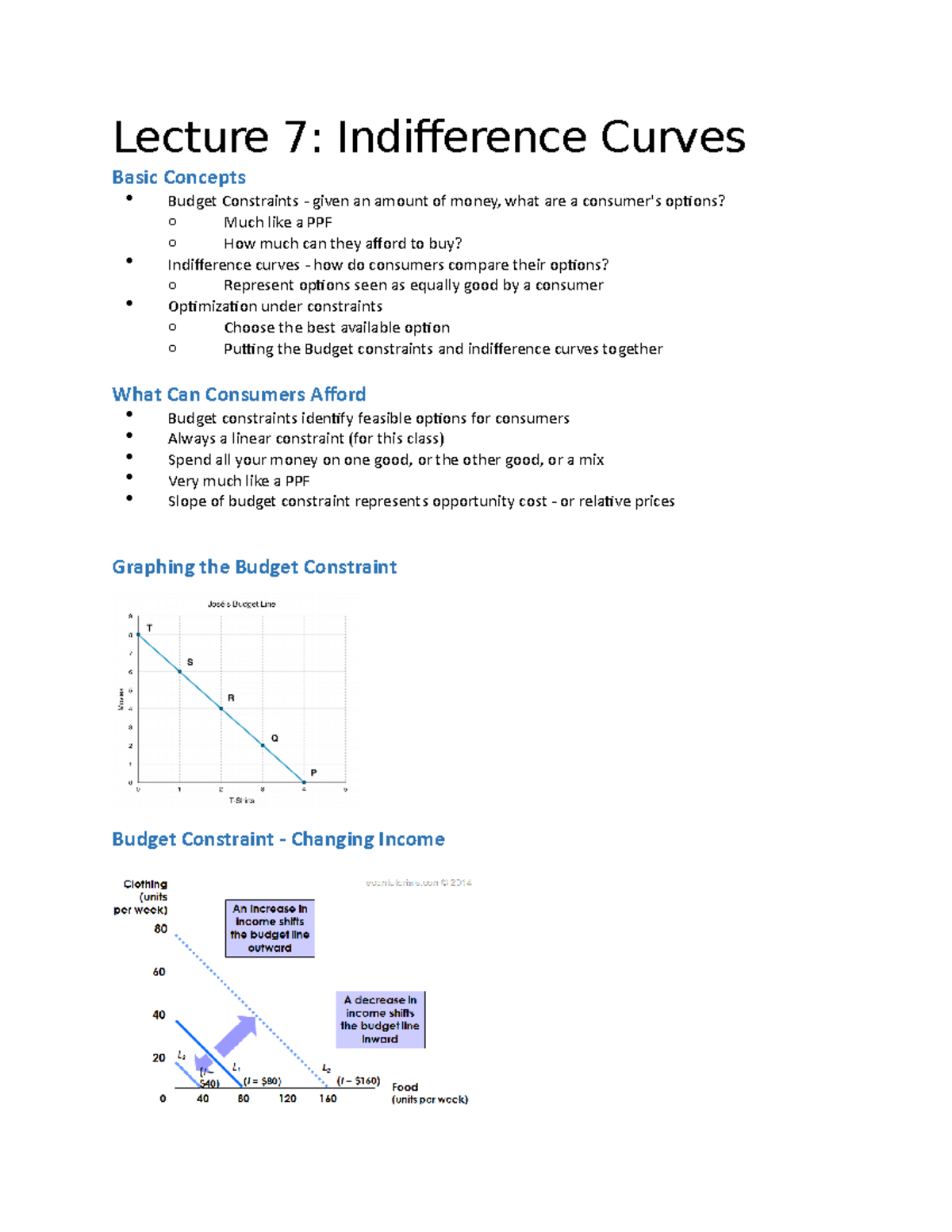 Lecture 7 Indifference Curves - Lecture 7: Indifference Curves Basic ...