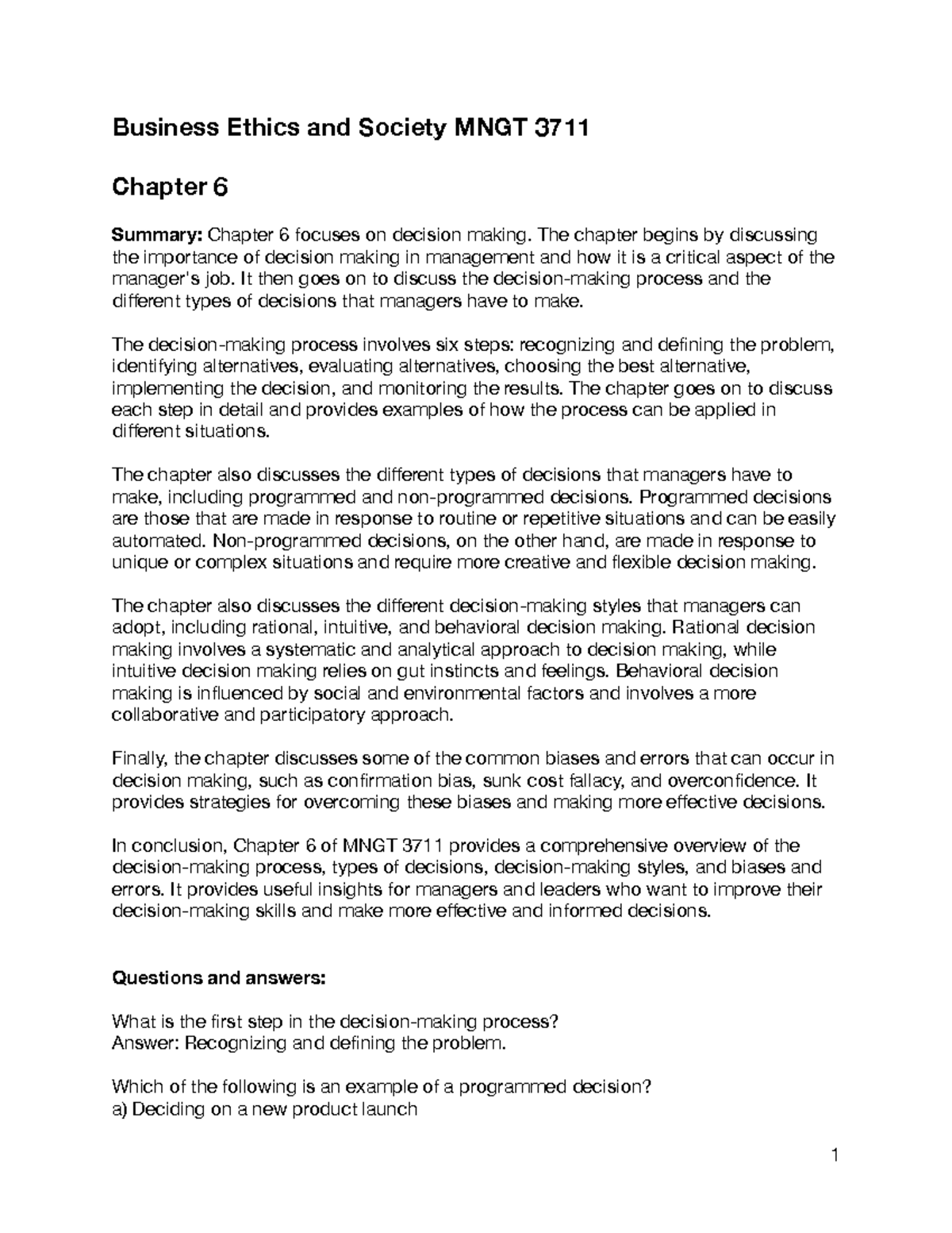 MNGT 3711 - Chapter 6 - Business Ethics and Society MNGT 3711 Chapter 6 ...