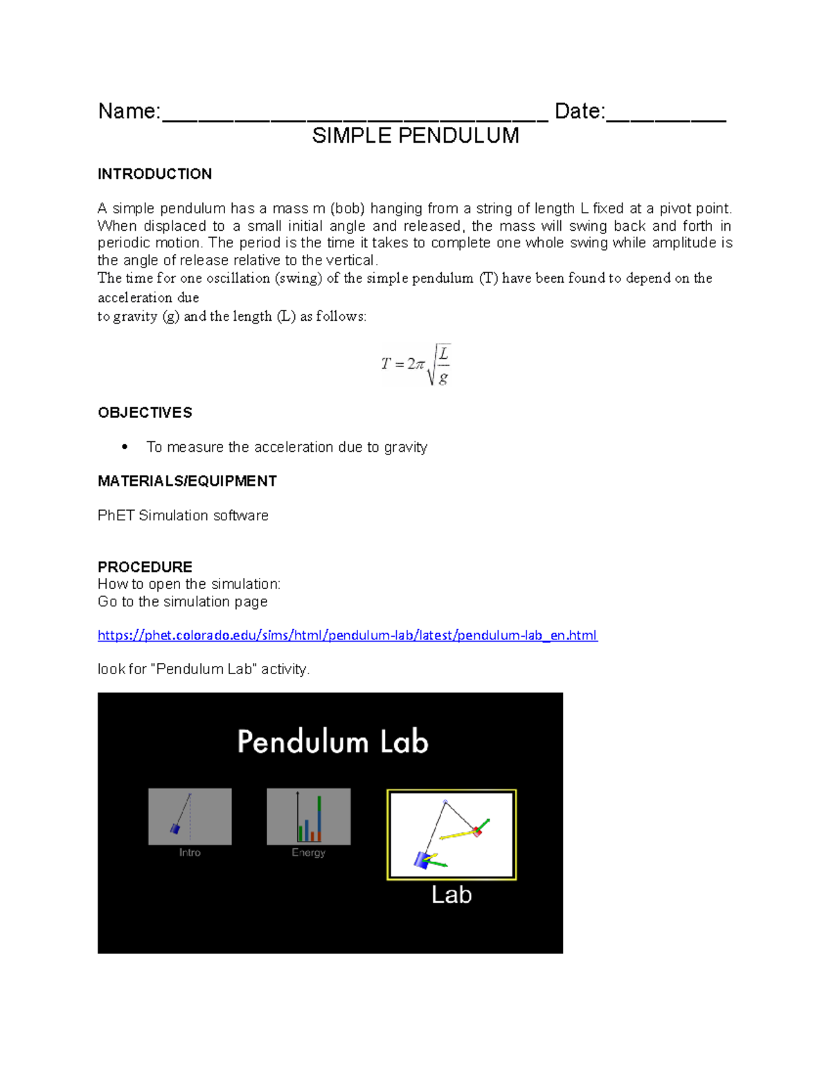 Acceleration Due to Gravity - Name:________________________________ Date:__________ SIMPLE ...