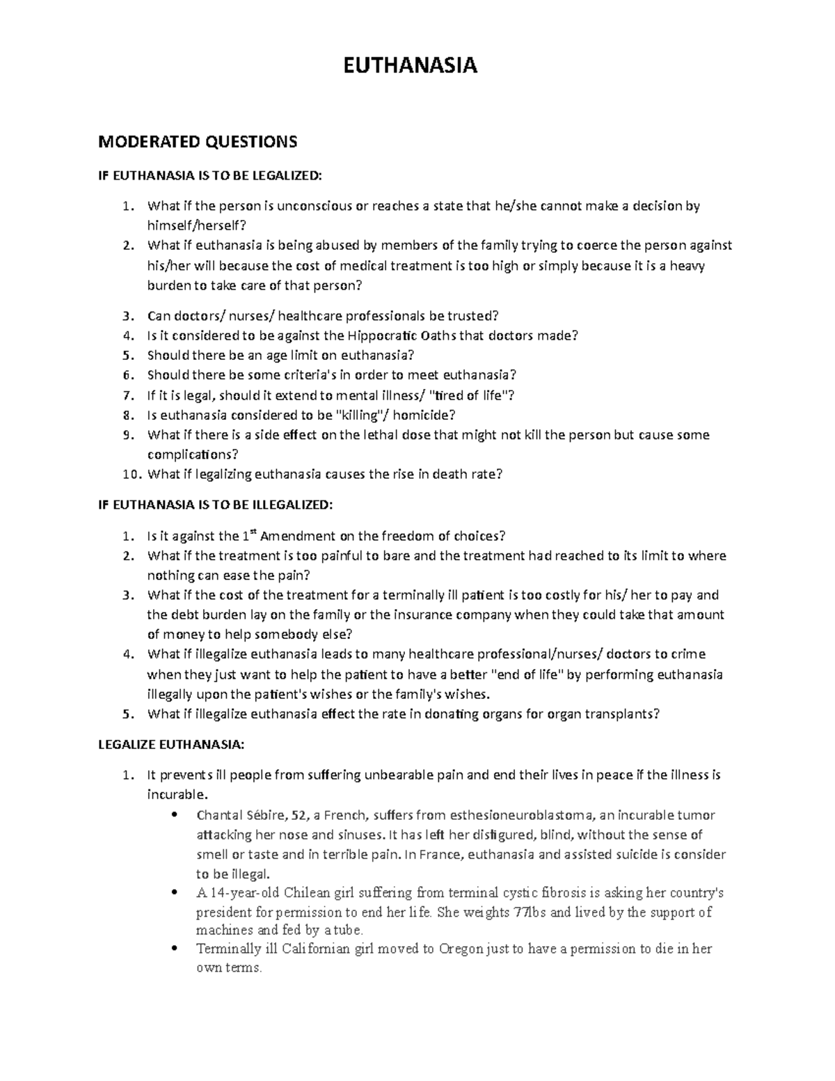 Debate Written Work - EUTHANASIA MODERATED QUESTIONS IF EUTHANASIA IS ...