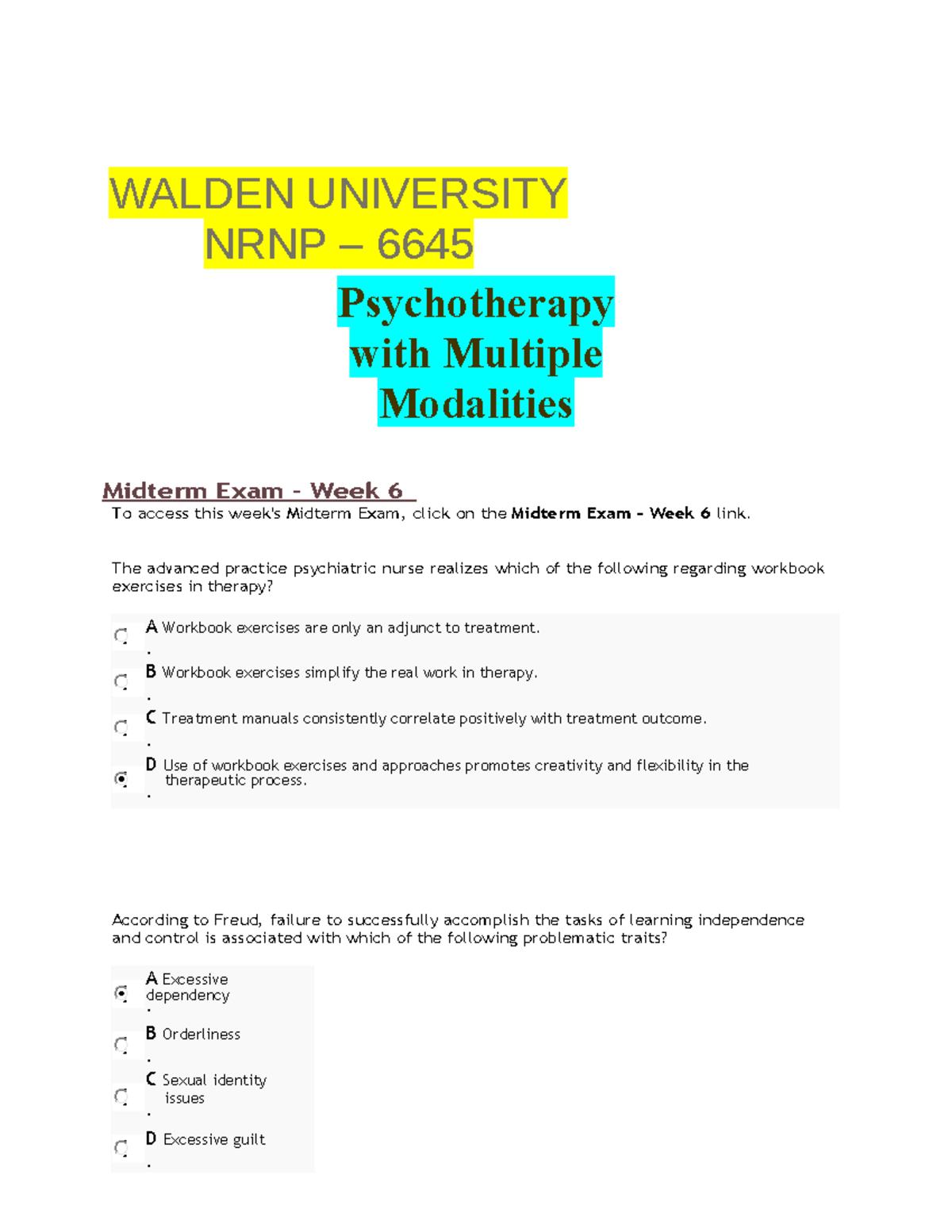 Psychotherapy with multiple modalities midterm exam week 6 - A Workbook exercises are only an ...