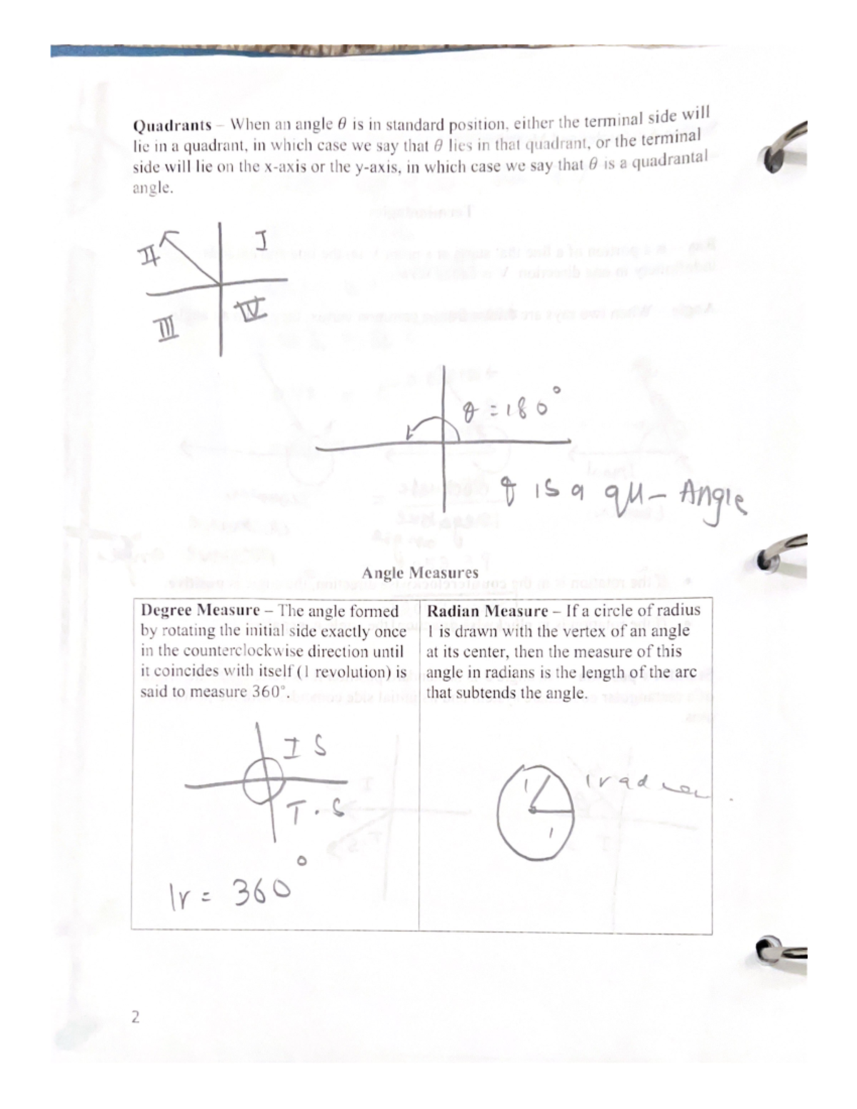 Quadrants - When an angle O is in standard position. either the ...