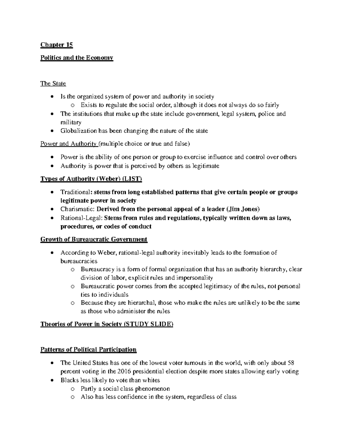 Chapter 15 Sociology Notes - Chapter 15 Politics and the Economy The ...
