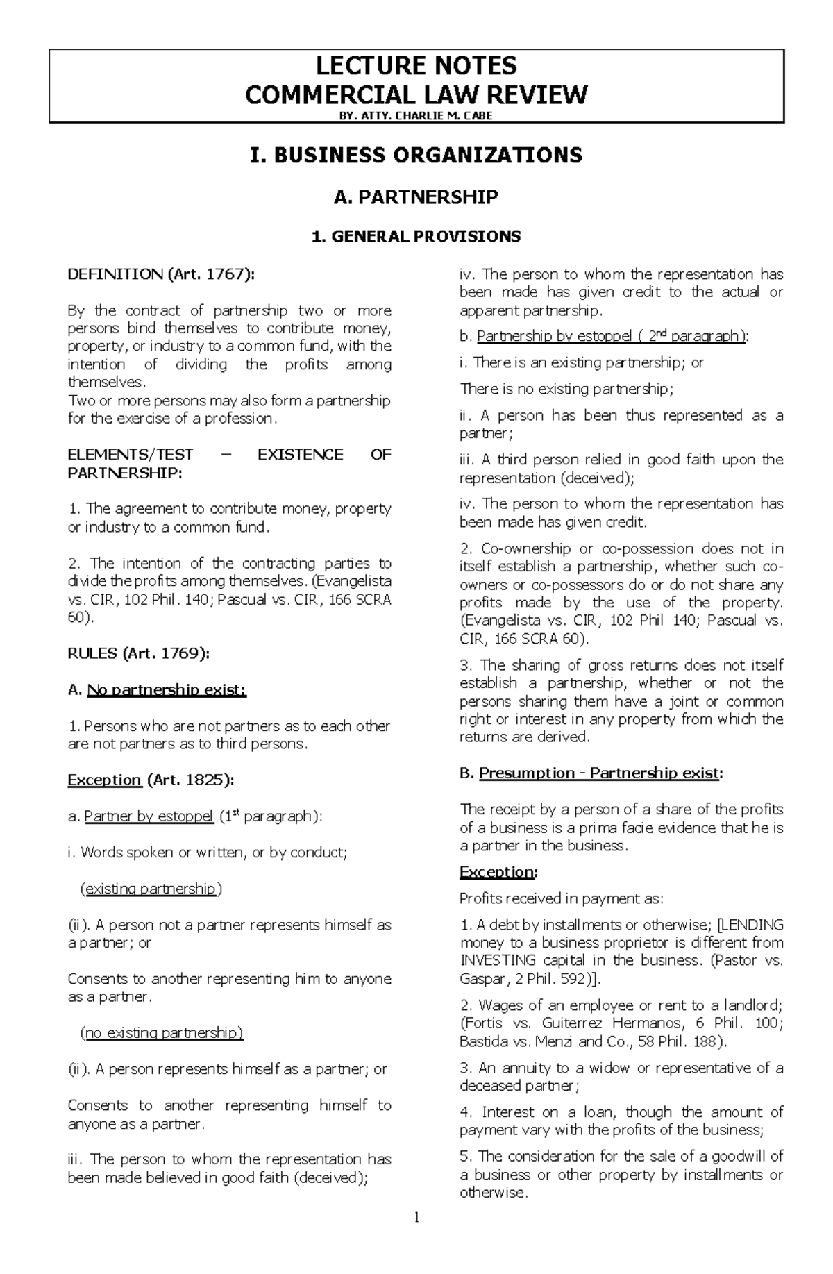 Partnership - NONE - LECTURE NOTES COMMERCIAL LAW REVIEW BY. ATTY ...