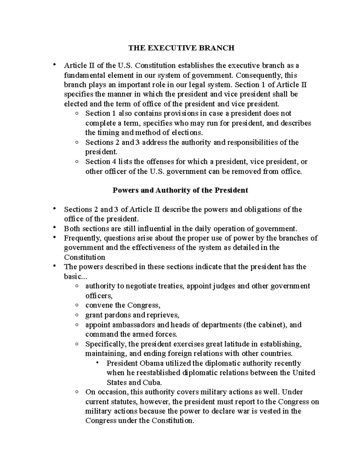 Unit 2 Notes Intro to Law - THE EXECUTIVE BRANCH Article II of the U ...