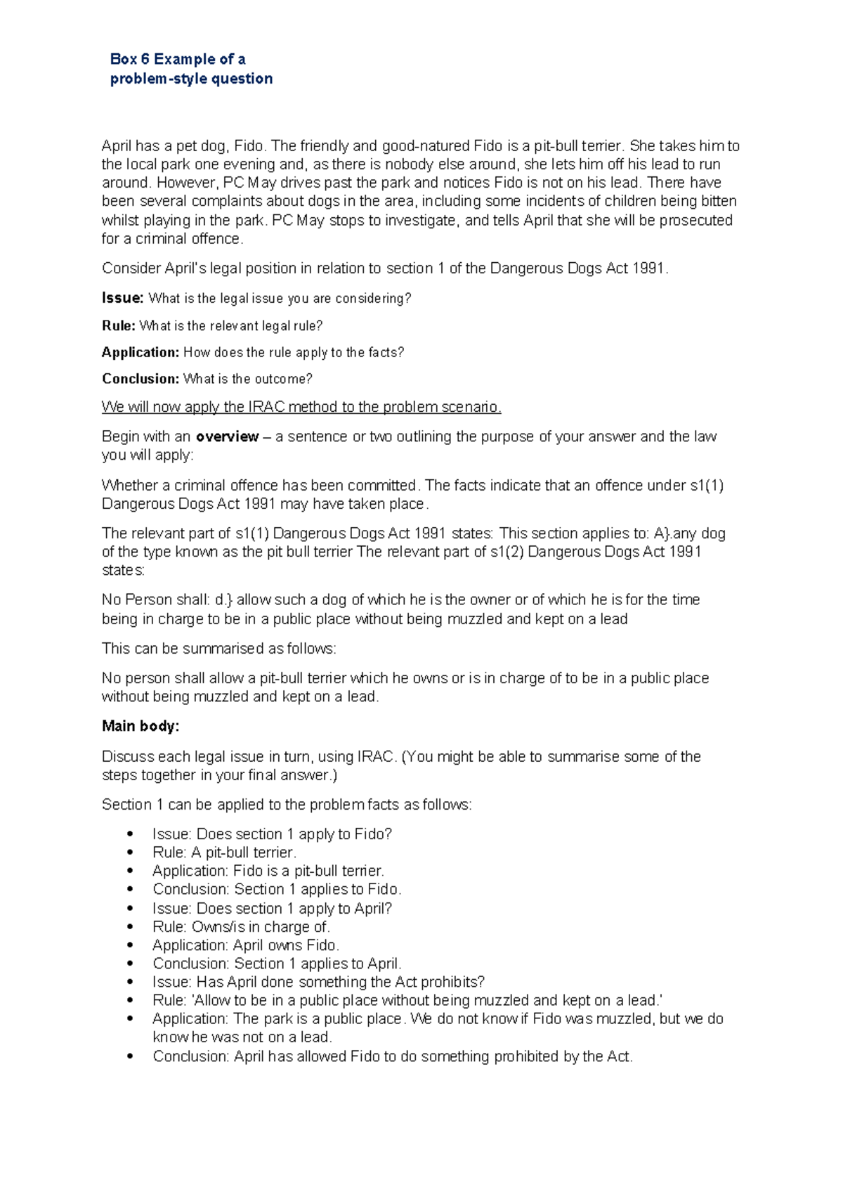 IRAC exmaple - IRAC method. - Box 6 Example of a problem-style question ...