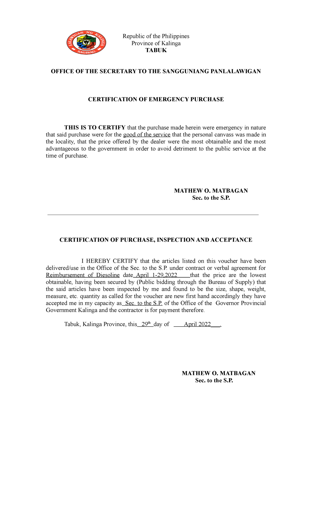 Cert.of Emergency Purchase - Republic of the Philippines Province of ...