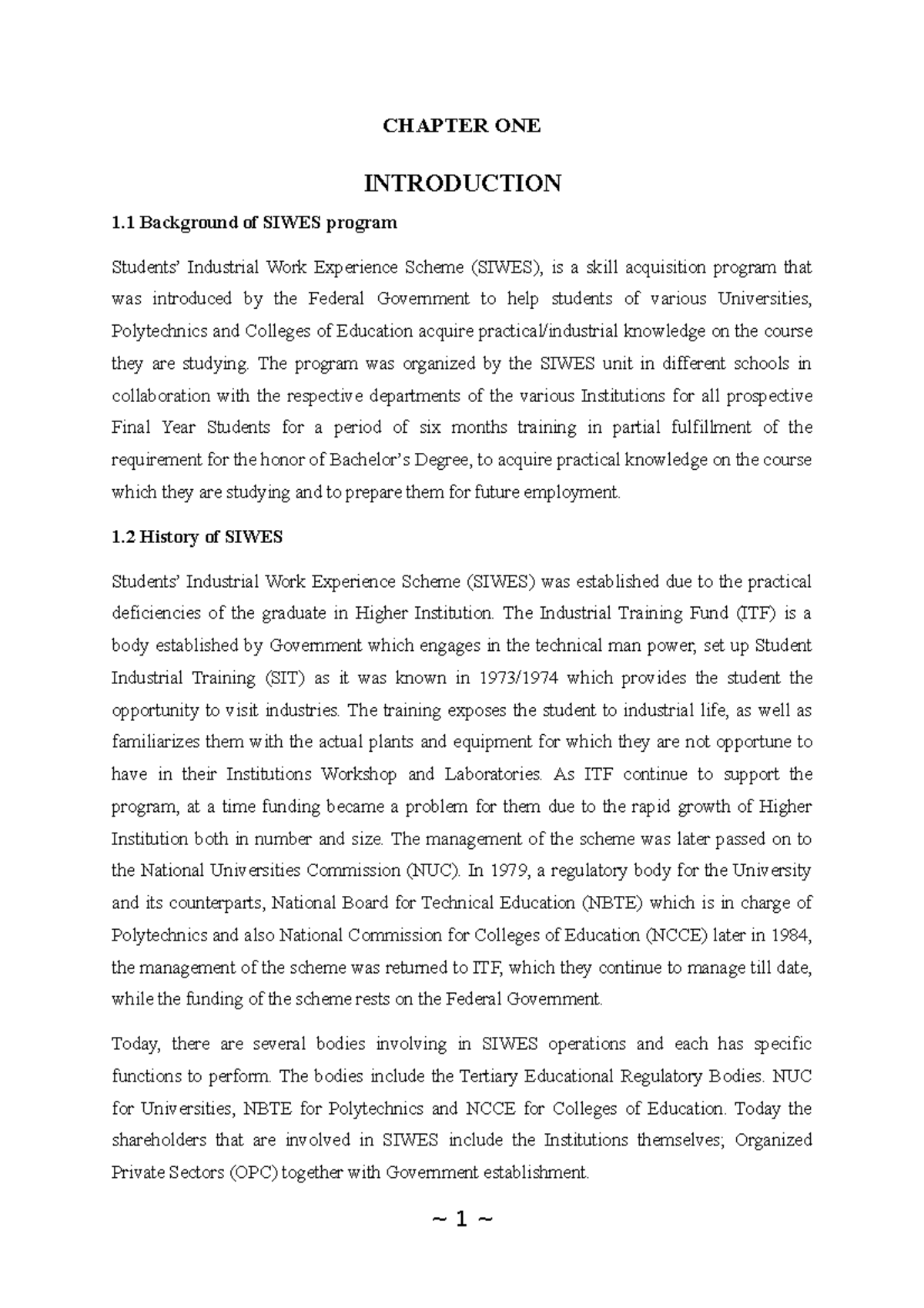 Industrial Training Report - CHAPTER ONE INTRODUCTION 1 Background of ...