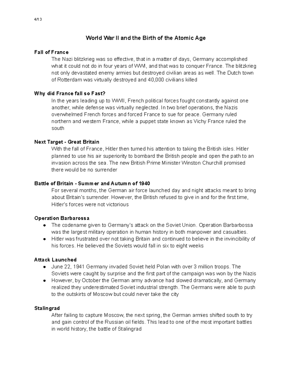 World War II and the Birth of the Atomic Age (notes) - 4/ World War II ...