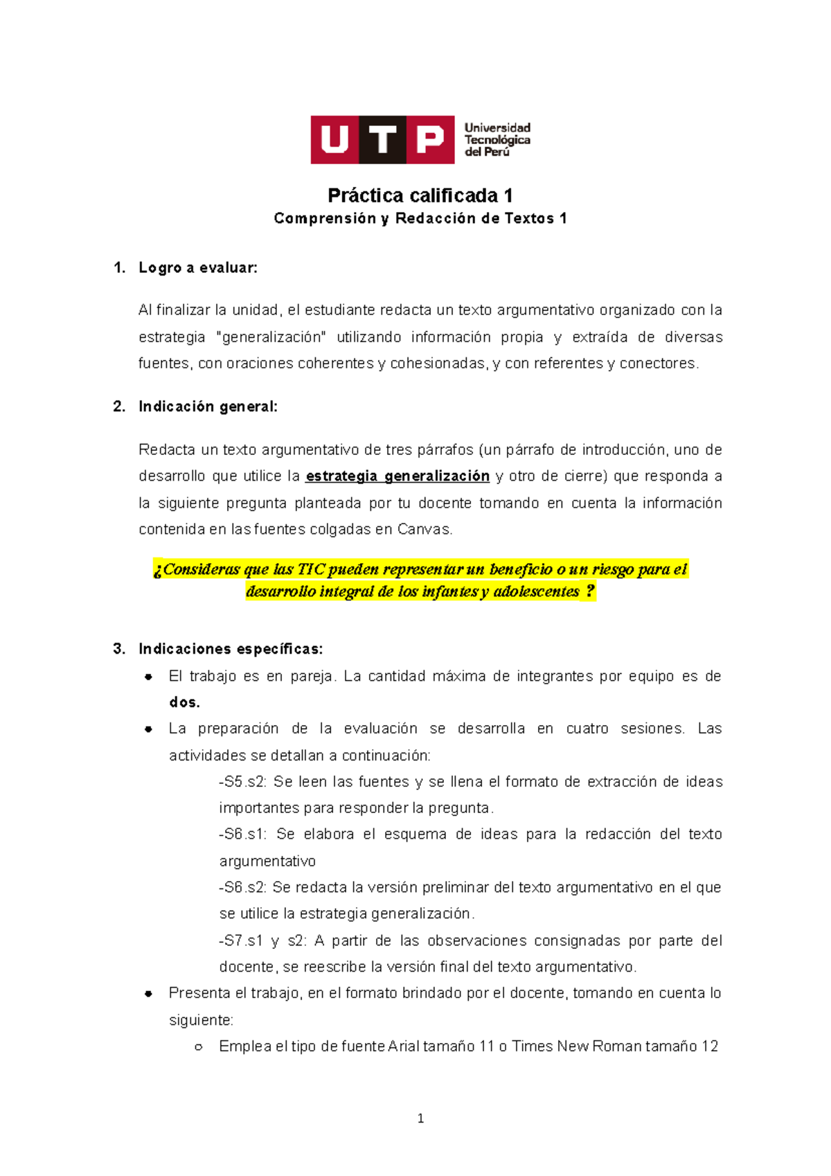 Entrega del Trabajo texto argumentativo PC1 - Práctica calificada 1 Comprensión y Redacción de ...
