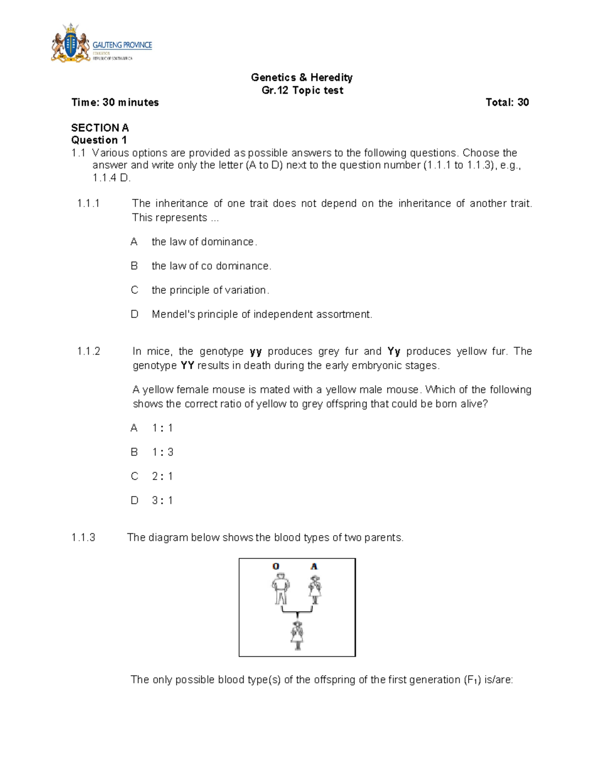 Genetics and Heredity Topic test 2023 - Genetics & Heredity Gr Topic ...