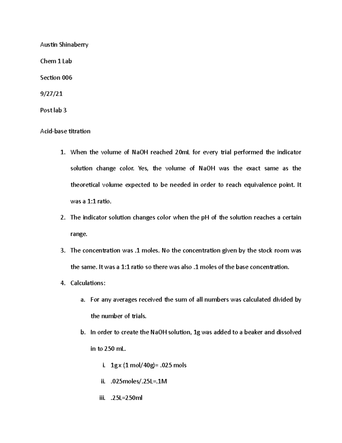 Post Lab 3 - module experiment answers - Austin Shinaberry Chem 1 Lab ...