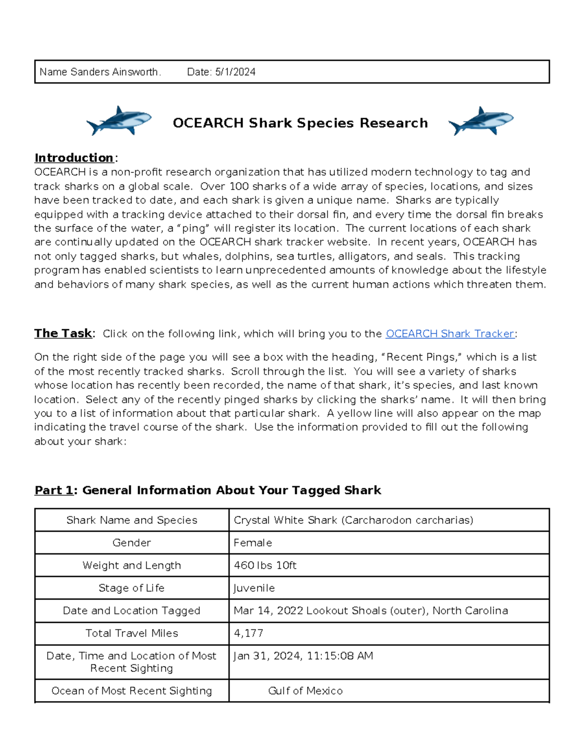 Ocearch Shark Species Research - Name Sanders Ainsworth. Date: 5/1 ...