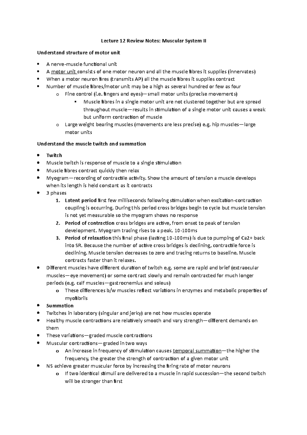 Muscular 2: Muscular System - Lecture 12 Review Notes: Muscular System ...