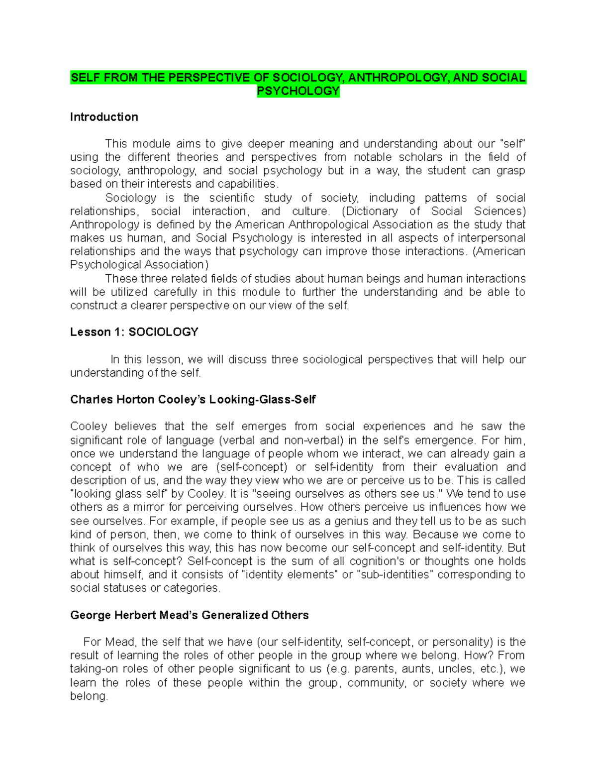 UTS - Lecture 3 & 4 - SELF FROM THE PERSPECTIVE OF SOCIOLOGY ...