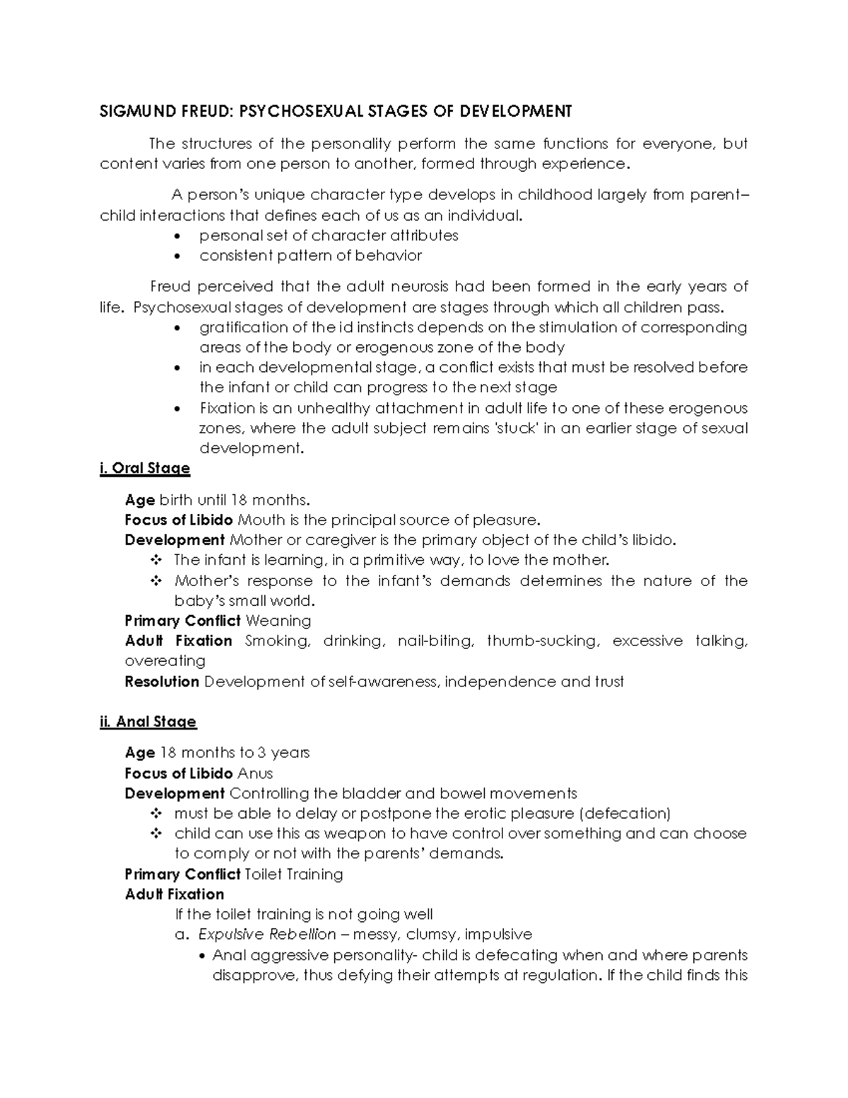 Understanding The Self Notes - SIGMUND FREUD: PSYCHOSEXUAL STAGES OF ...