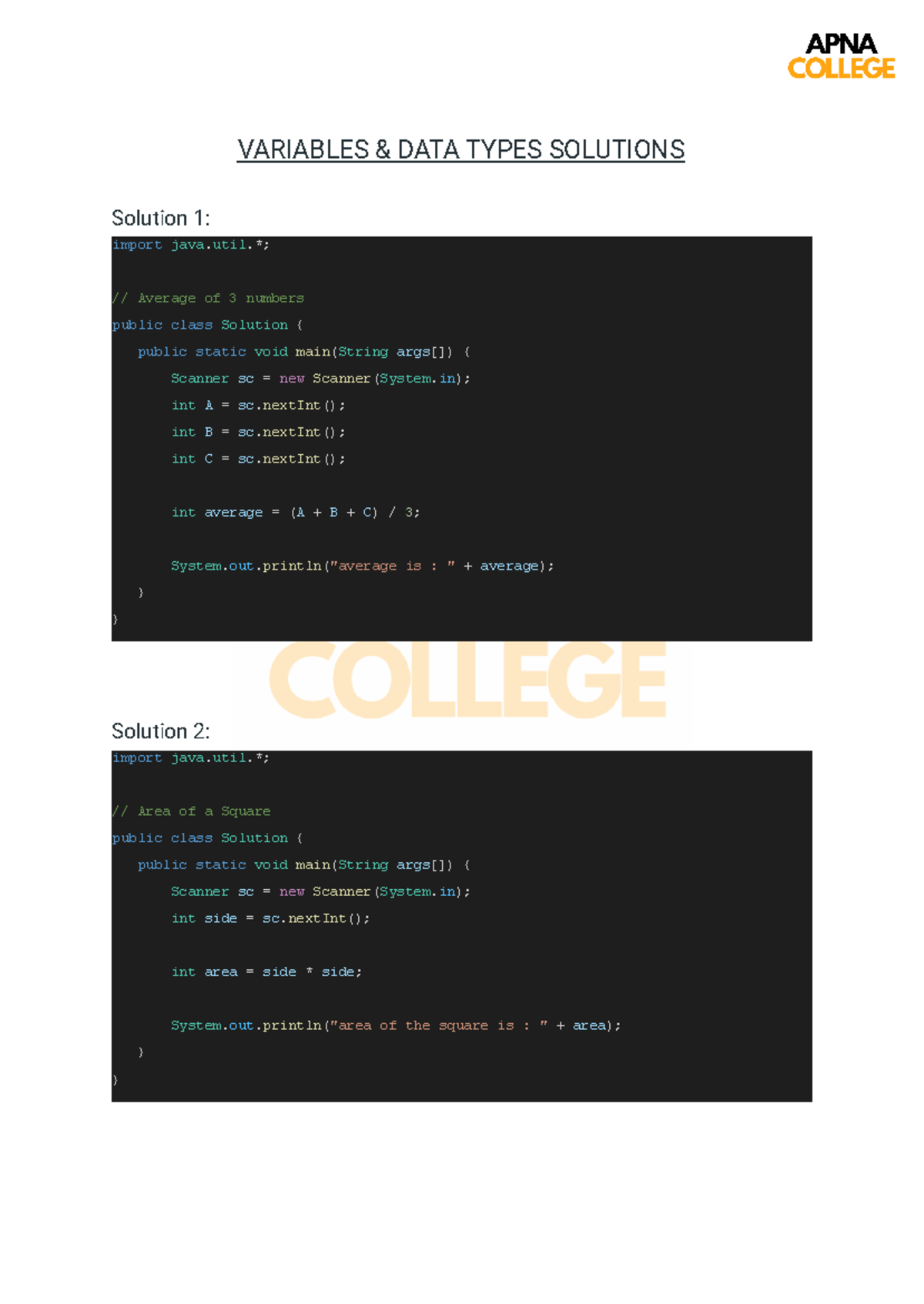 TEB88 - VARIABLES & DATA TYPES SOLUTIONS Solution 1: import java.*; // Average of 3 numbers ...