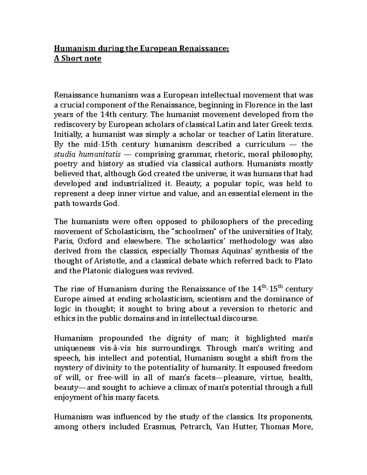 Humanism during European renaissance - Humanism during the European ...