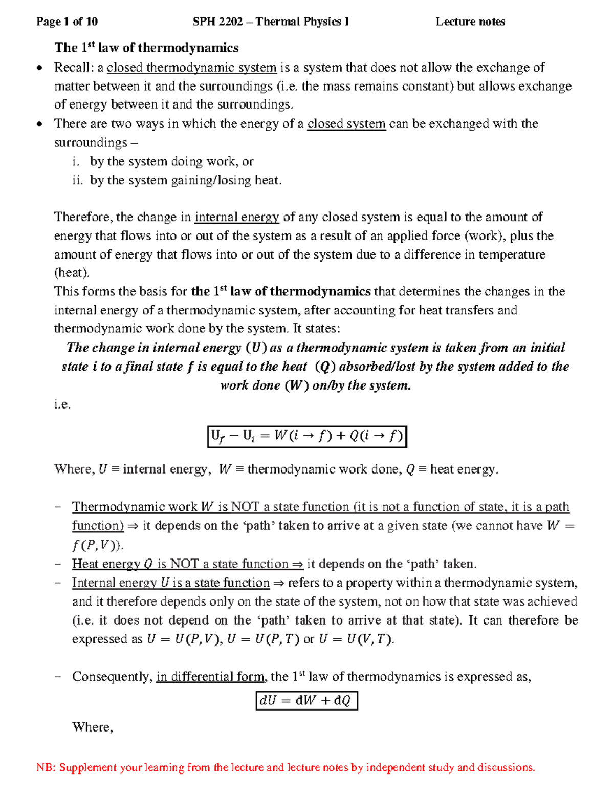 5 First law of thermodynamics - The 1st law of thermodynamics Recall: a ...