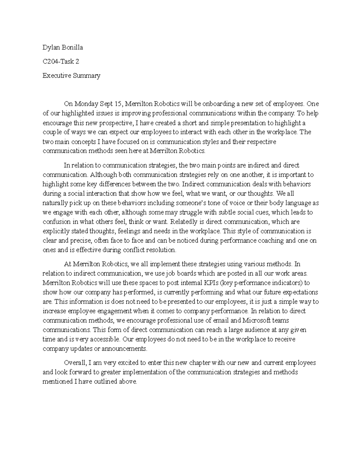 Executive summary - Dylan Bonilla C204-Task 2 Executive Summary On ...