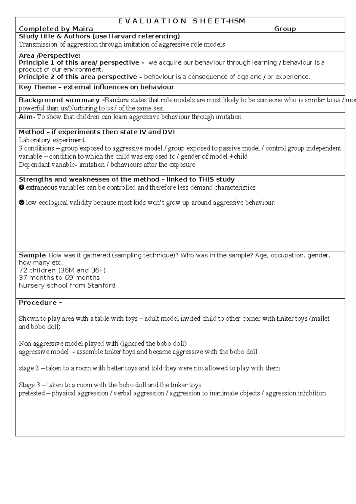 E Sheet 2023 bandura - everything on core study - E V A L U A T I O N S ...