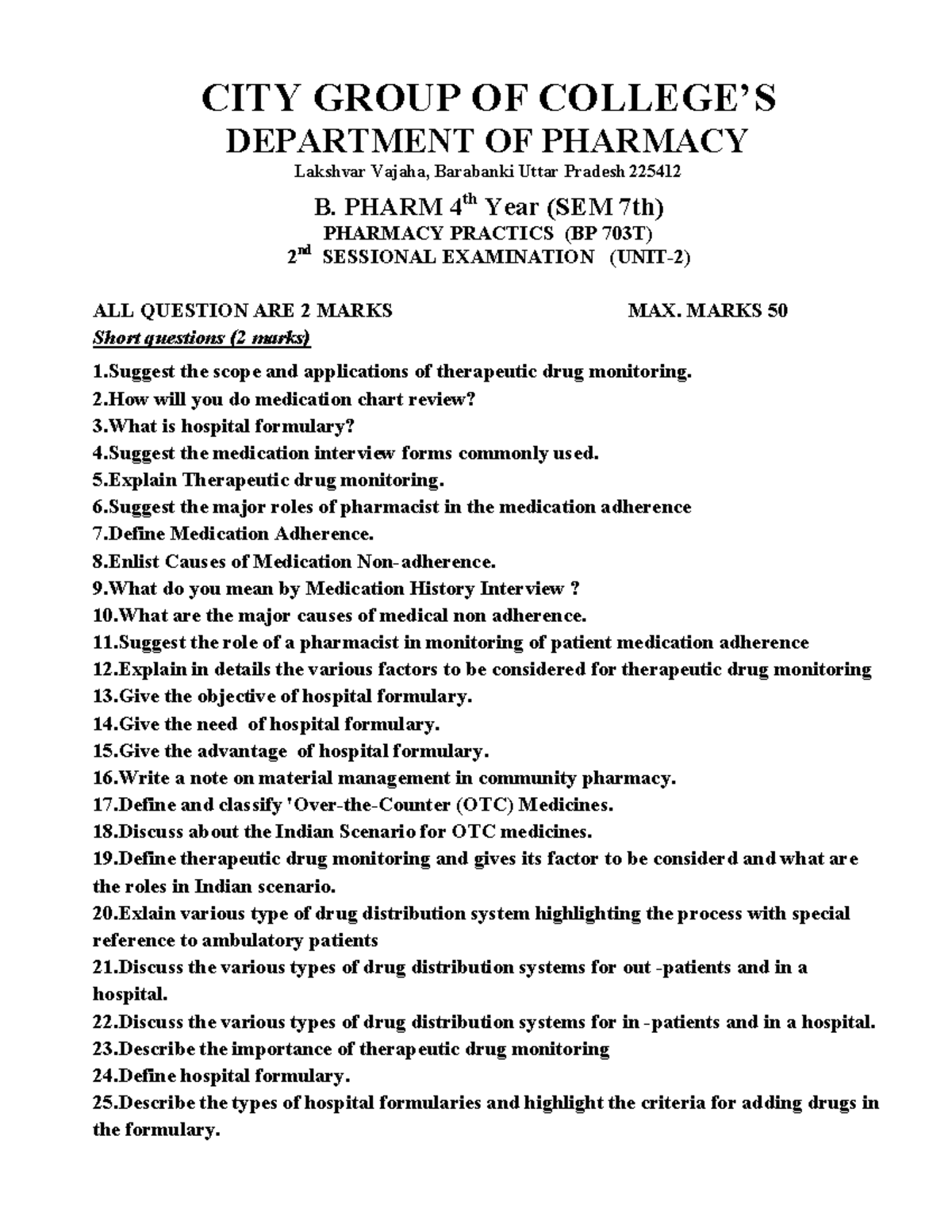 UNIT 02 Question Paper - Pharmacy practice ppr - CITY GROUP OF COLLEGE ...