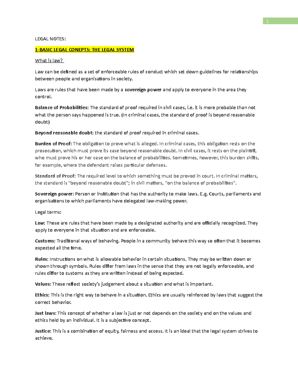 Law Notes for Revision - LEGAL NOTES: 1-BASIC LEGAL CONEPTS: THE LEGAL ...