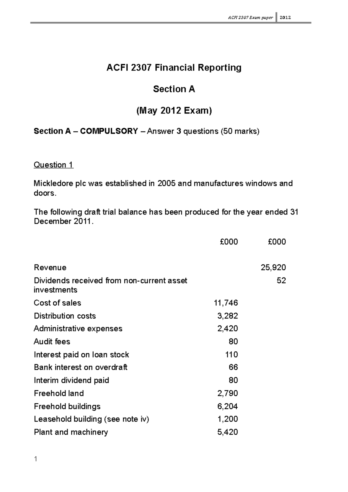 Financial Reporting Exam Section A - ACFI 2307 Exam paper 2012 ACFI ...