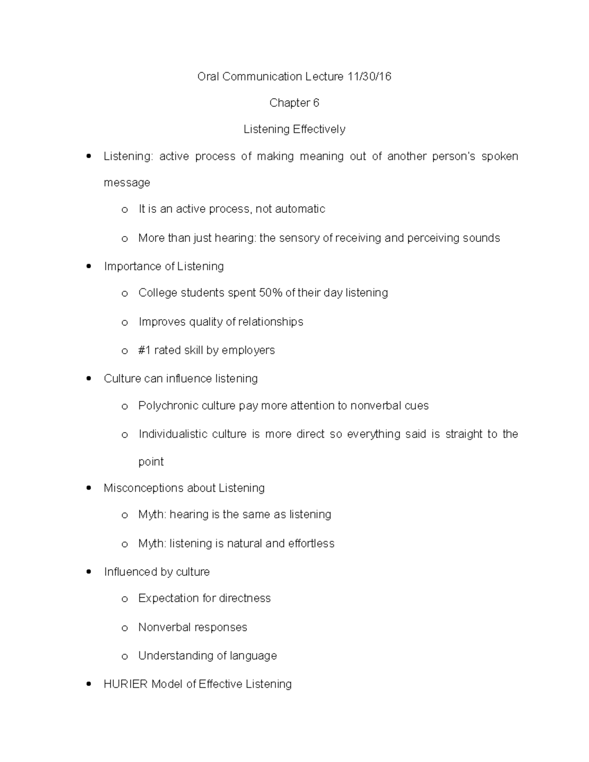 Ch 6- listening - Lecture notes ch 6 - Oral Communication Lecture 11/30 ...