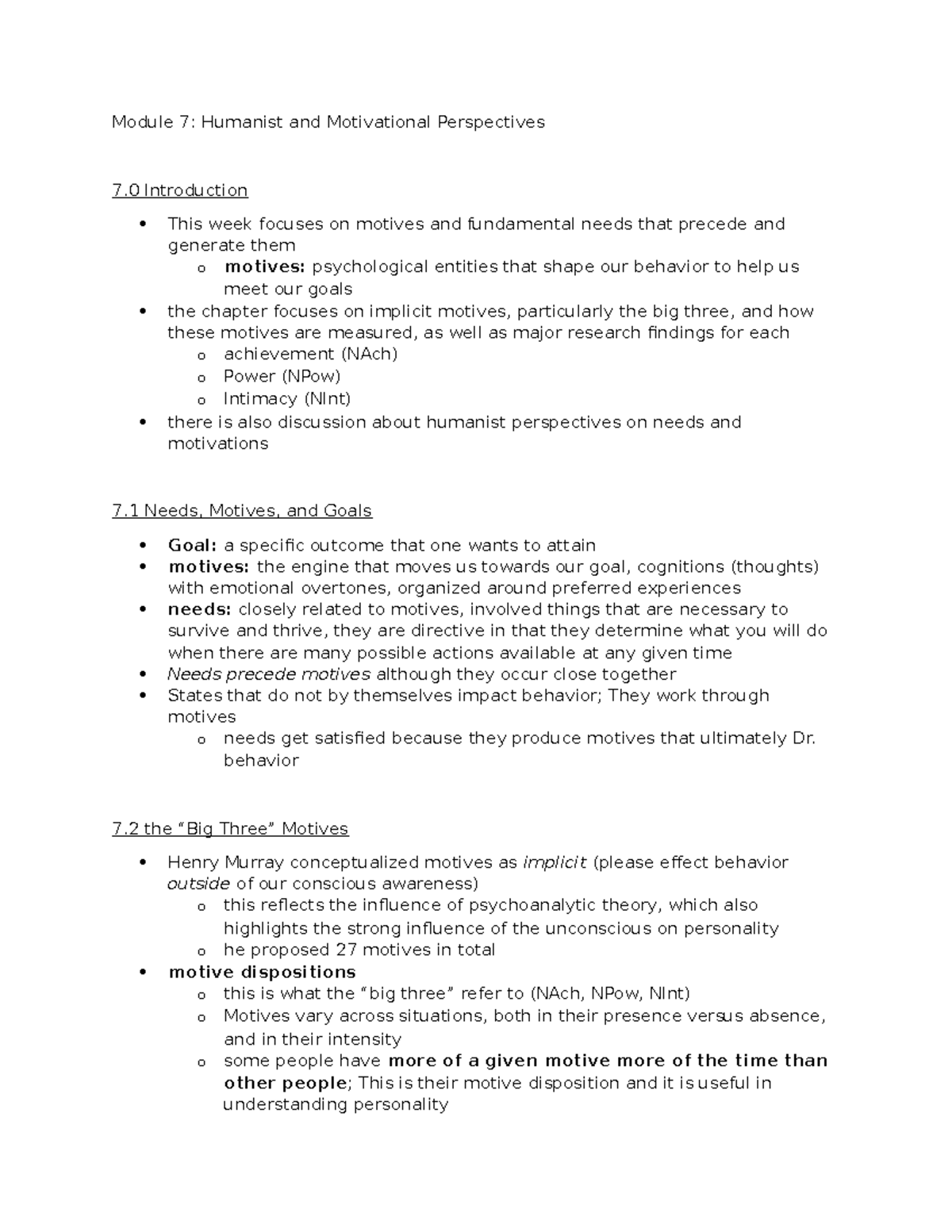 Module 7- humanist and motivational perspectives - Module 7: Humanist ...