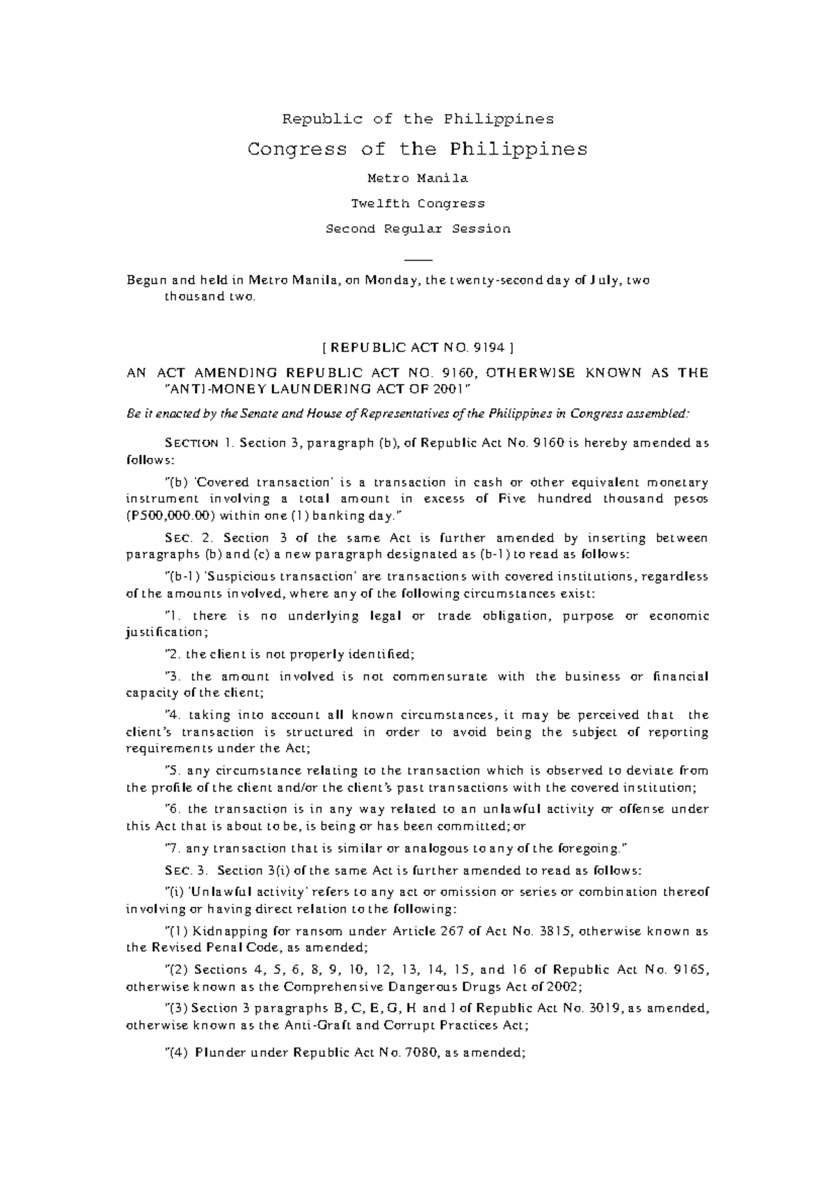 Anti Money Laundering Act of 2001(RA 9160) - Republic of the ...