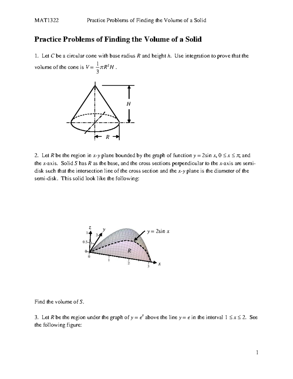Finding Volumes - MAT1322 Practice Problems of Finding the Volume of a ...