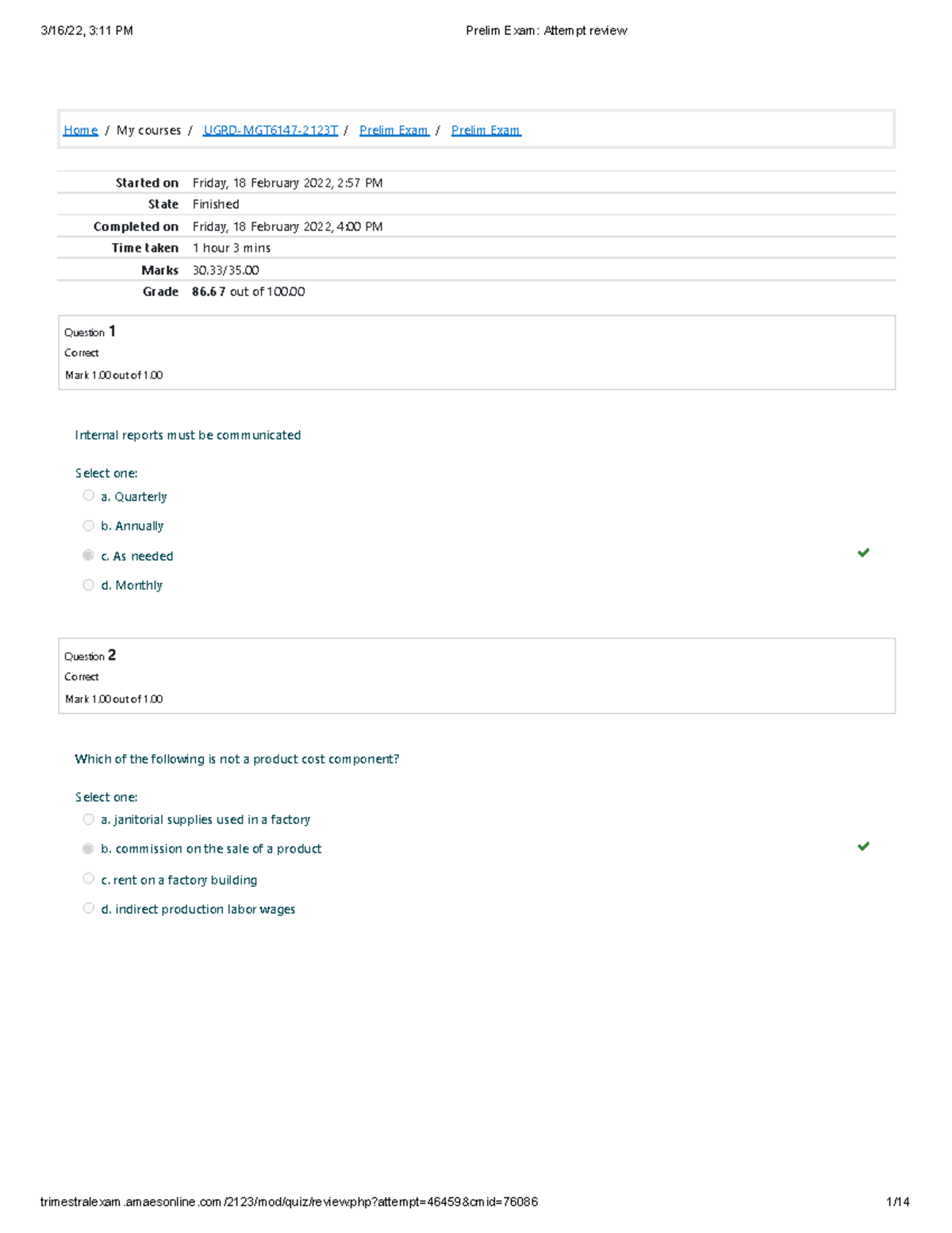 Prelim Exam Attempt Review Homemy Courses Ugrd Mgt6147 2123t Prelim Exam Prelim Exam 