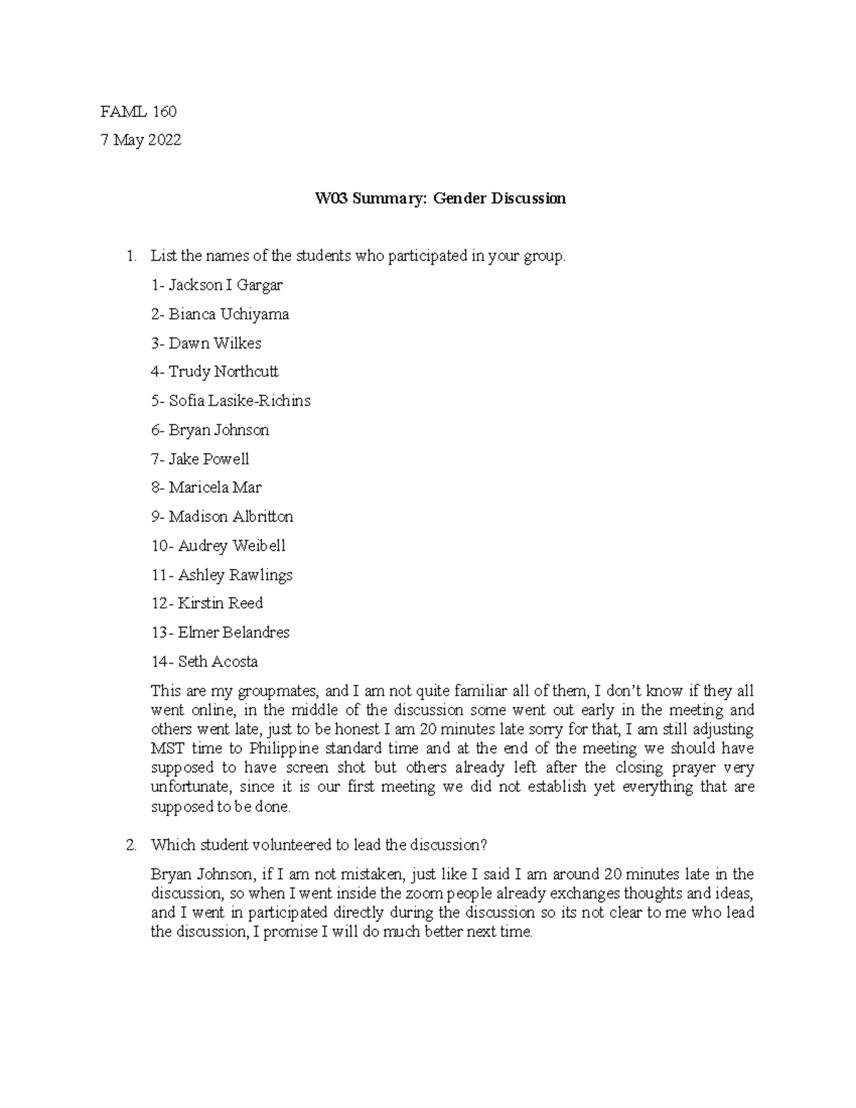 W03 Summary Gender Discussion - FAML 160 7 May 2022 W03 Summary: Gender ...