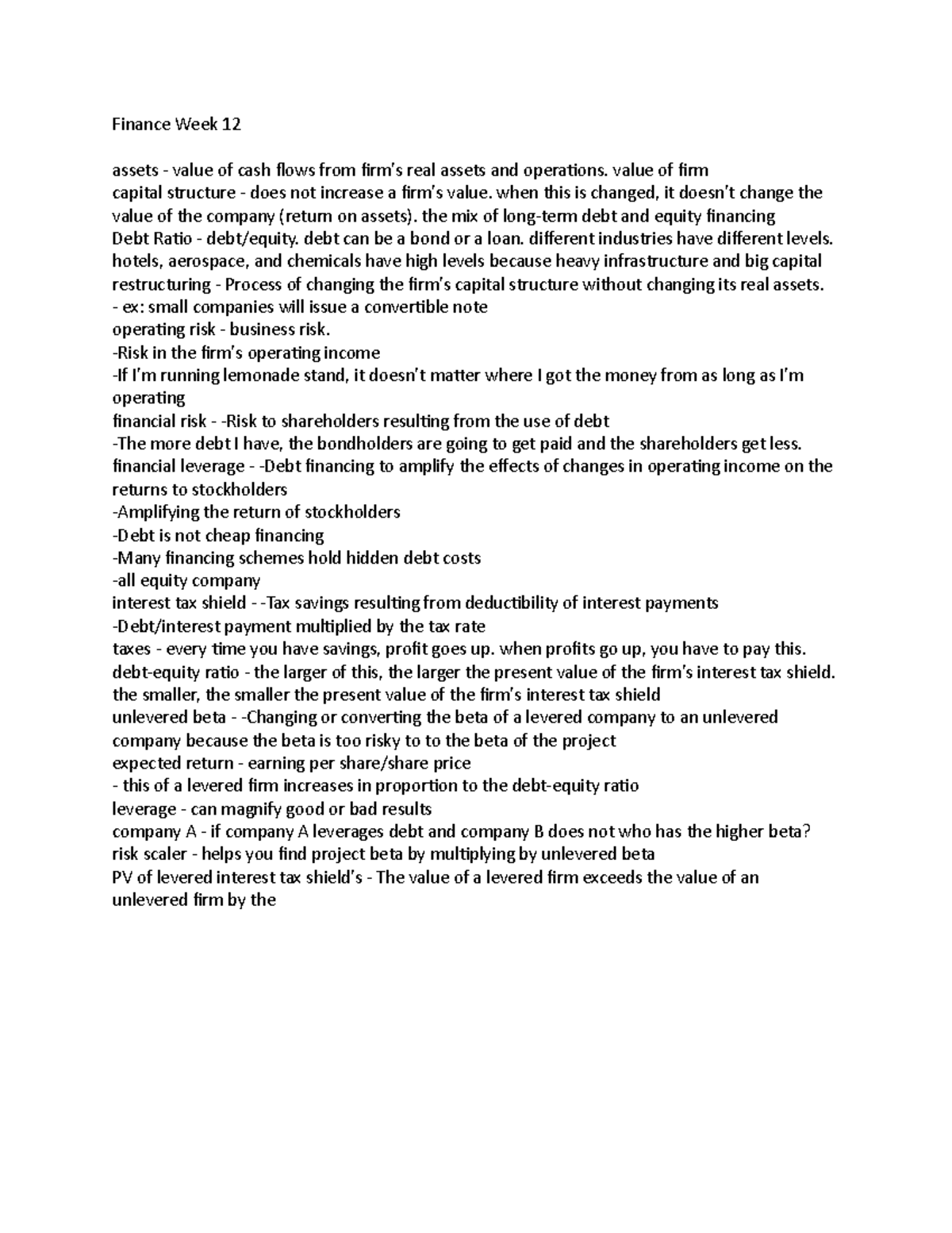 Finance Week 12 - Final Review - Finance Week 12 assets - value of cash ...