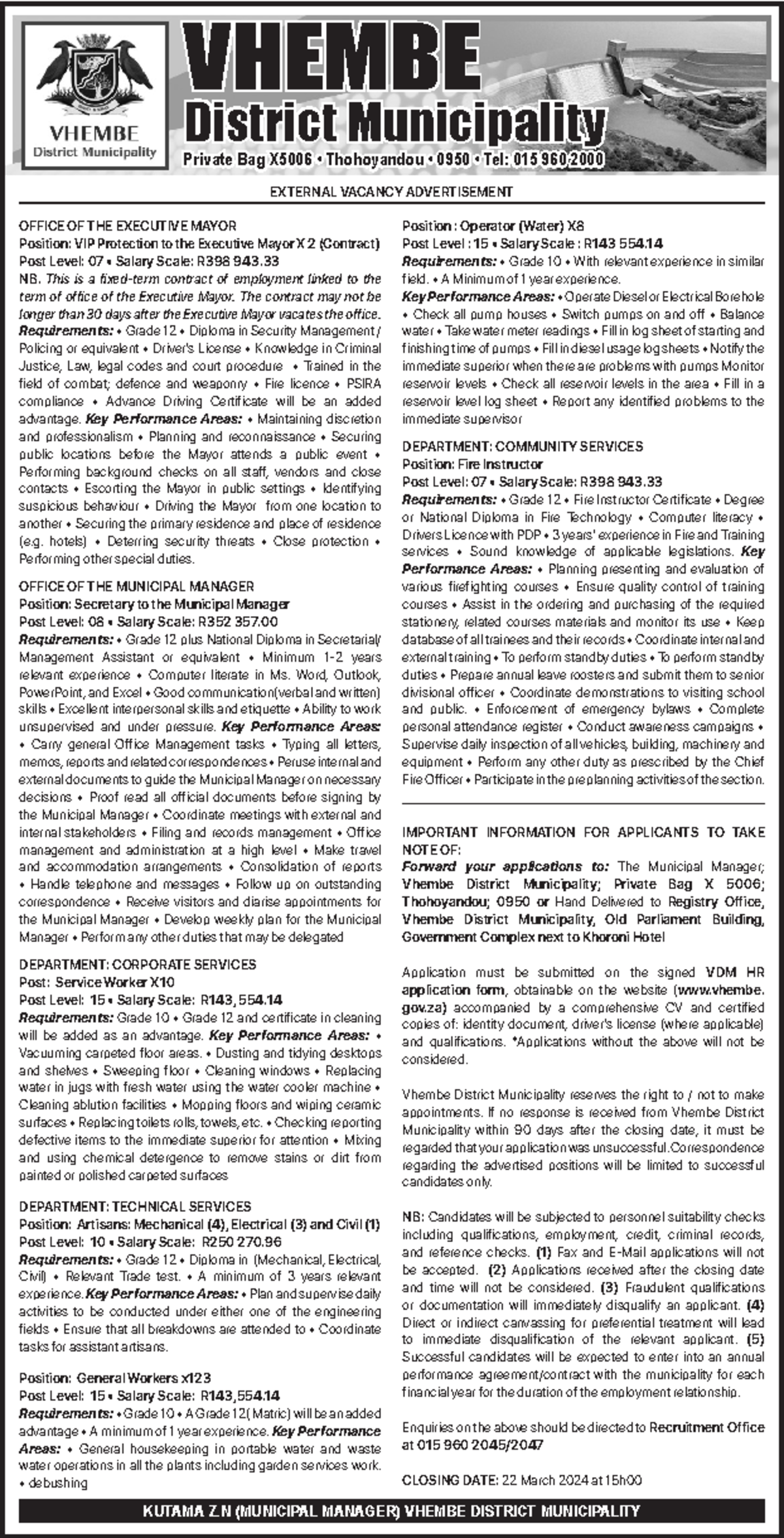 Vhembe District Municipality Vacancies - VHEMBEVHEMBE District MunicipalityDistrict Municipality ...