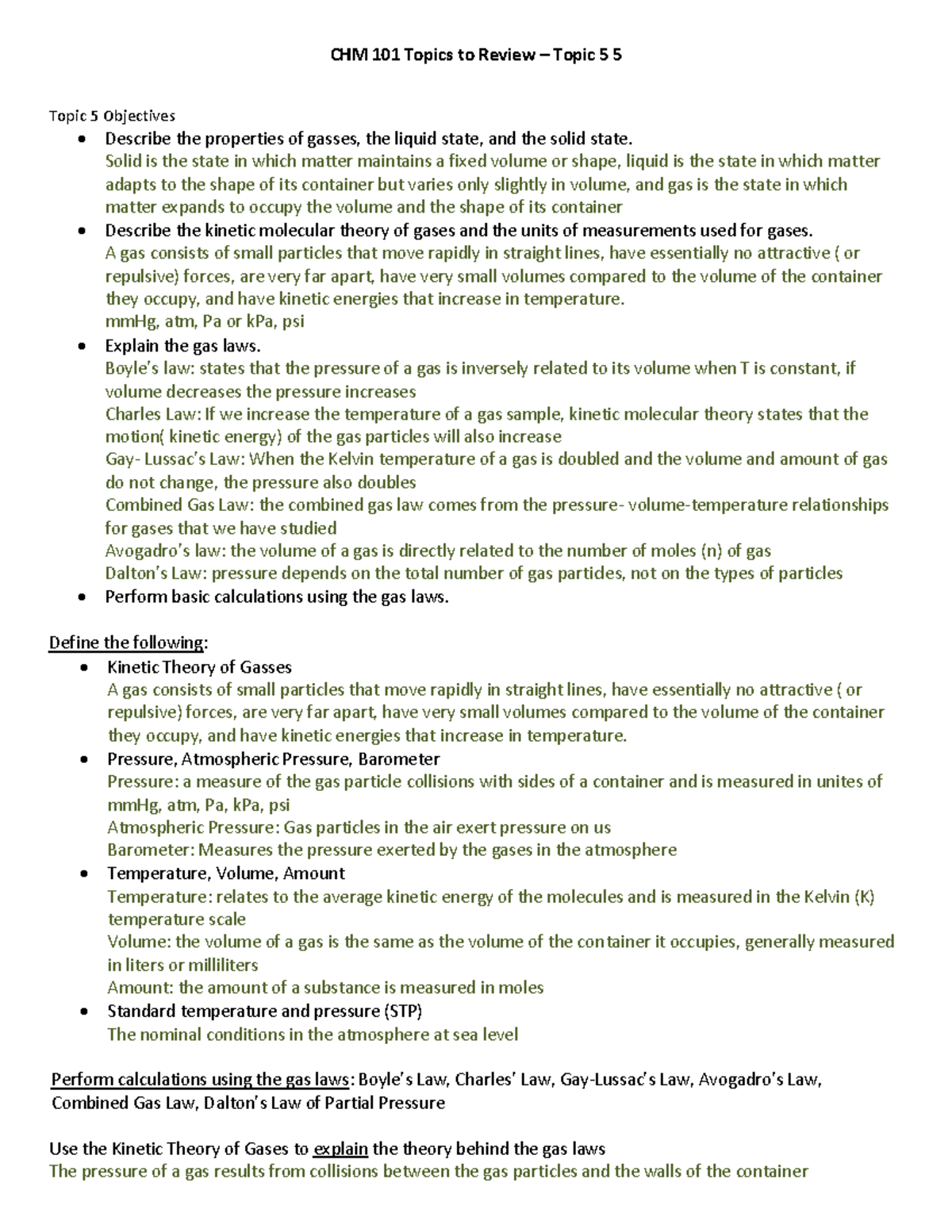 CHM 101 Topic 5 to Review 2024 - CHM 101 Topics to Review – Topic 5 5 ...