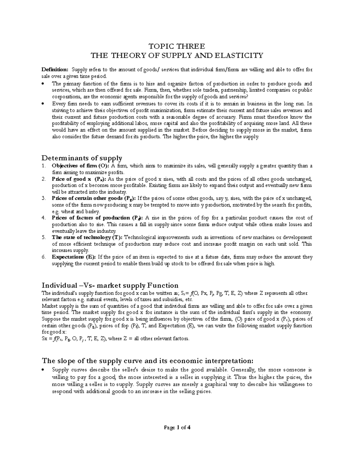 Topic Three Theory of Supply and Elasticity - TOPIC THREE THE THEORY OF ...