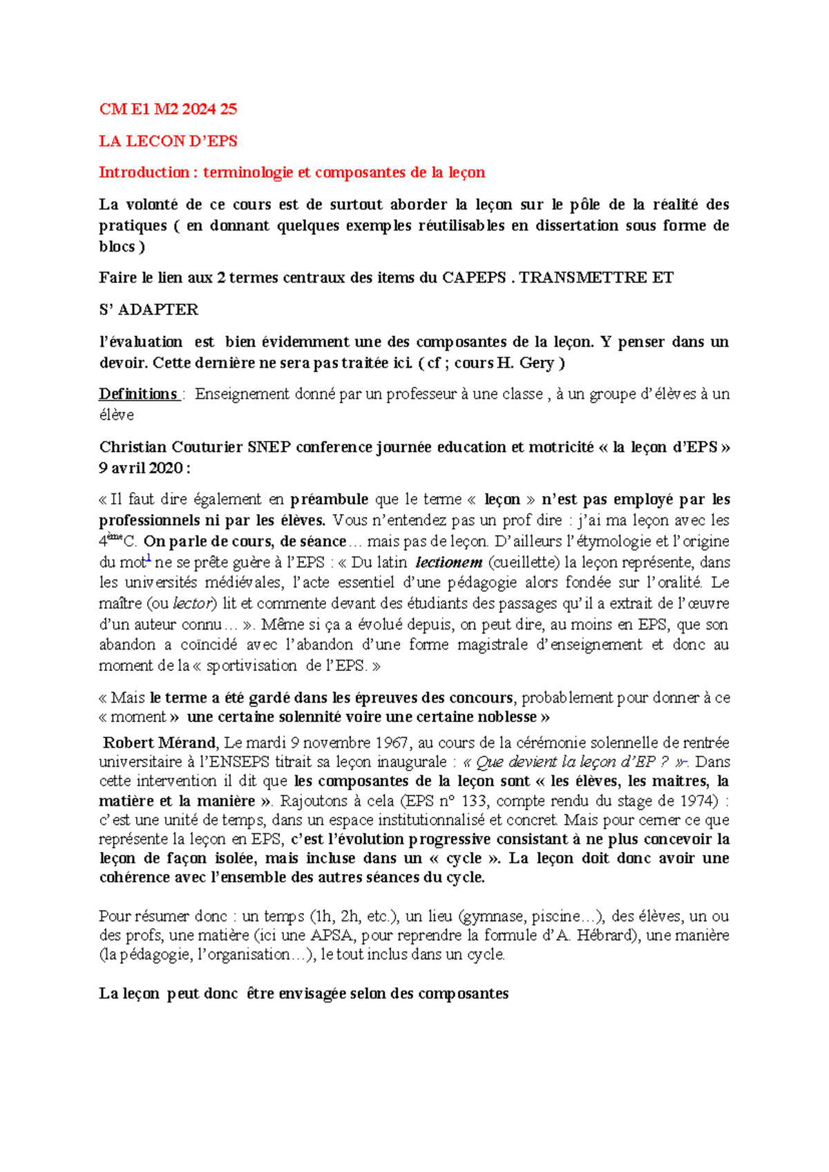 CM E1 M2 2024 25 La leçon d EPS - CM E1 M2 2024 25 LA LECON D’EPS ...