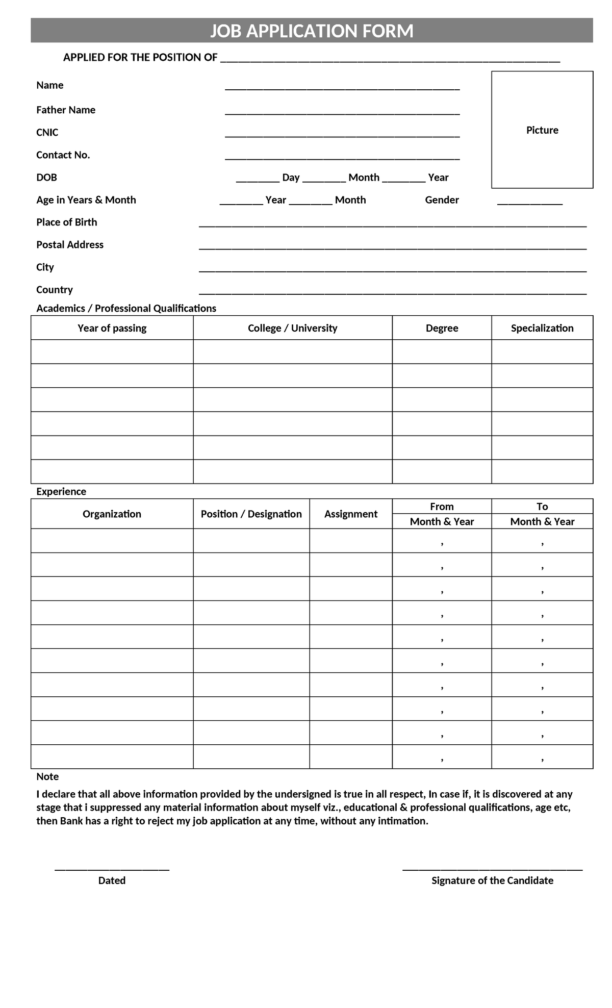 Job application form - Form - JOB APPLICATION FORM APPLIED FOR THE ...