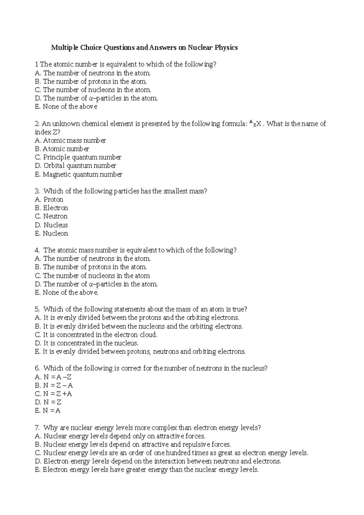 MCQ on Nuclear Physics - Introduction to physics - Unilag - Studocu