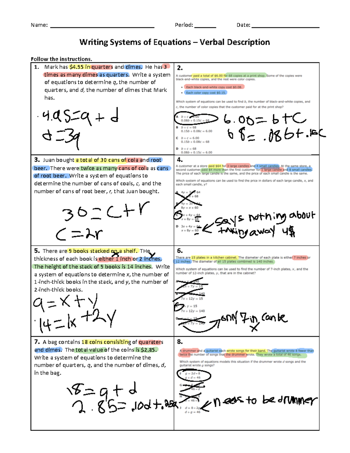 Assignment 5.1 - Writing Systems of Equations - Verbal Description-2 - Name: Period: Date ...