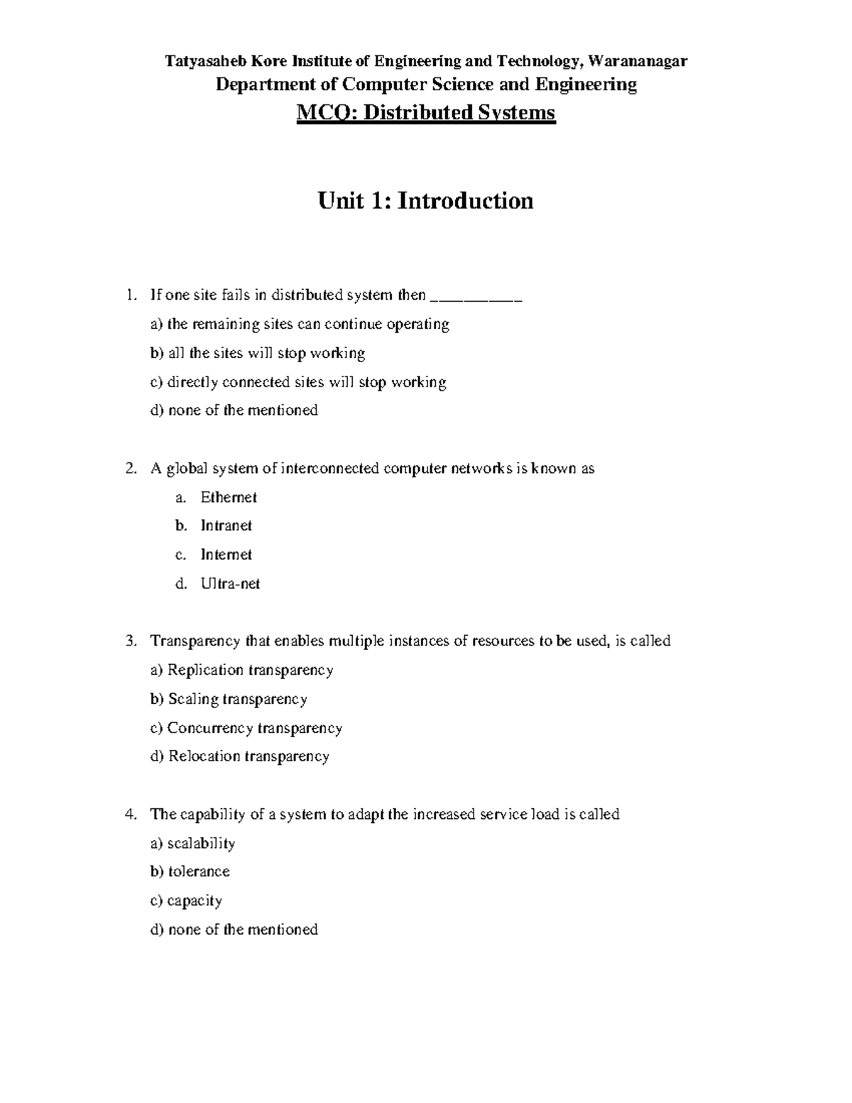 Sem Vii Distributed Systems Mcq Department Of Computer Science And Engineering Mcq