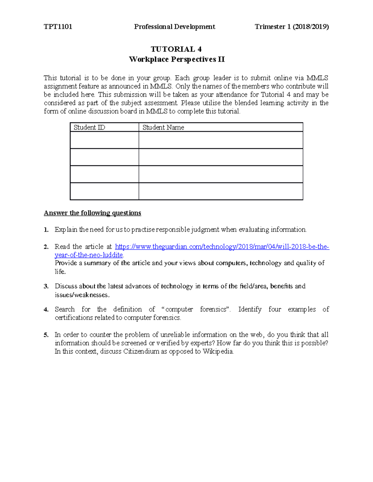 Tutorial 4 Question - TPT1101 Professional Development Trimester 1 ...
