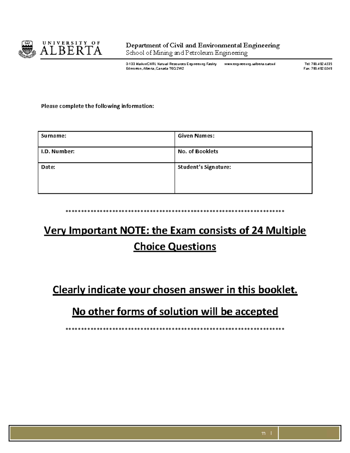Sample/practice exam 2011, questions and answers - Please co Surname: I ...