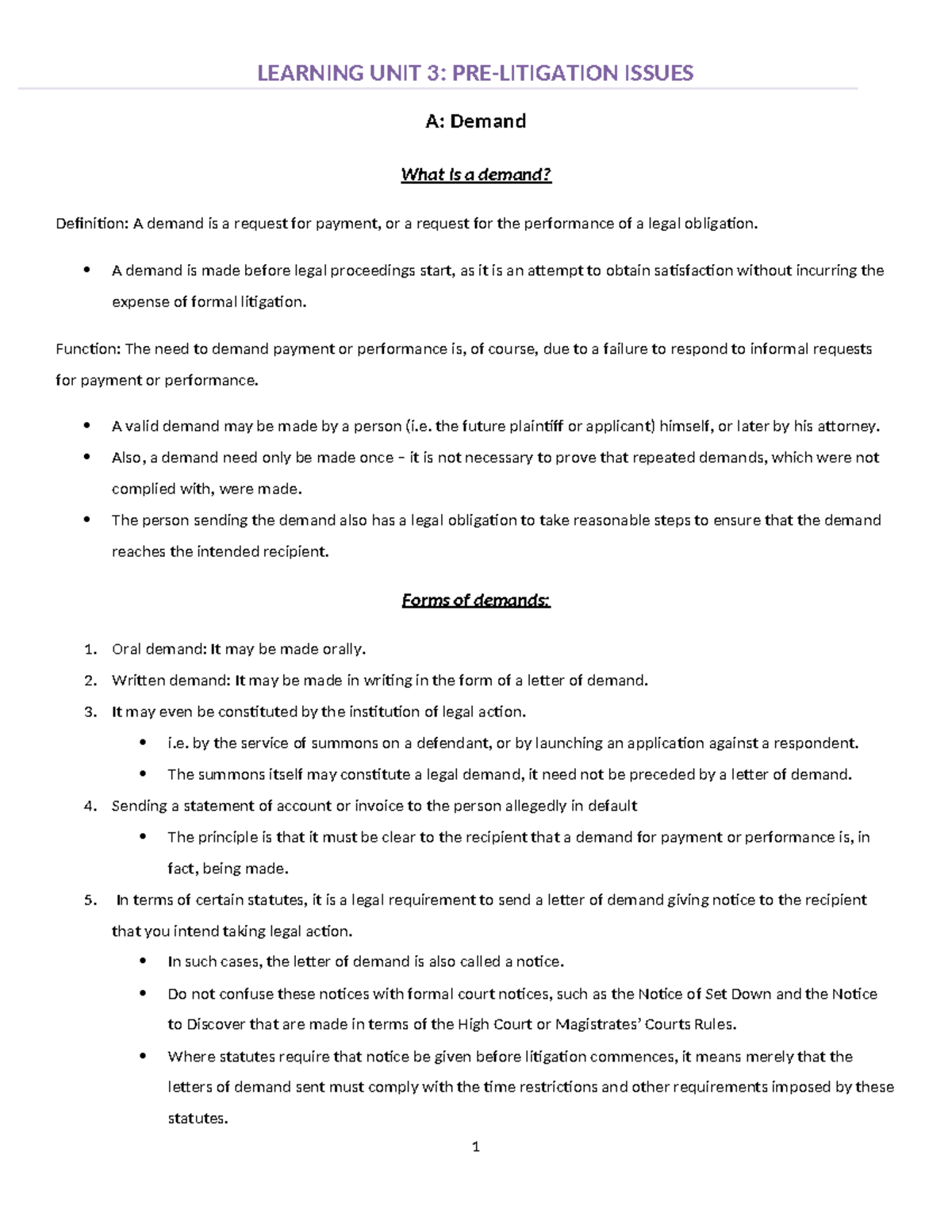 Learning Unit 3 (Pre-litigation) - LEARNING UNIT 3: PRE-LITIGATION ...
